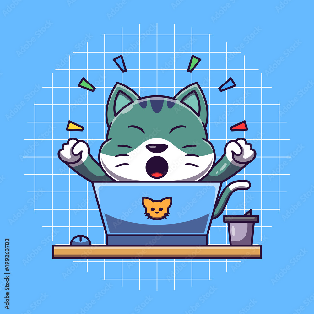 Cute cat in front of computer with happy expression vector illustration ...