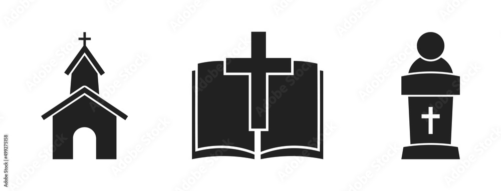 Black icon set - church, Bible and preacher. Vector illustration. Stock ...