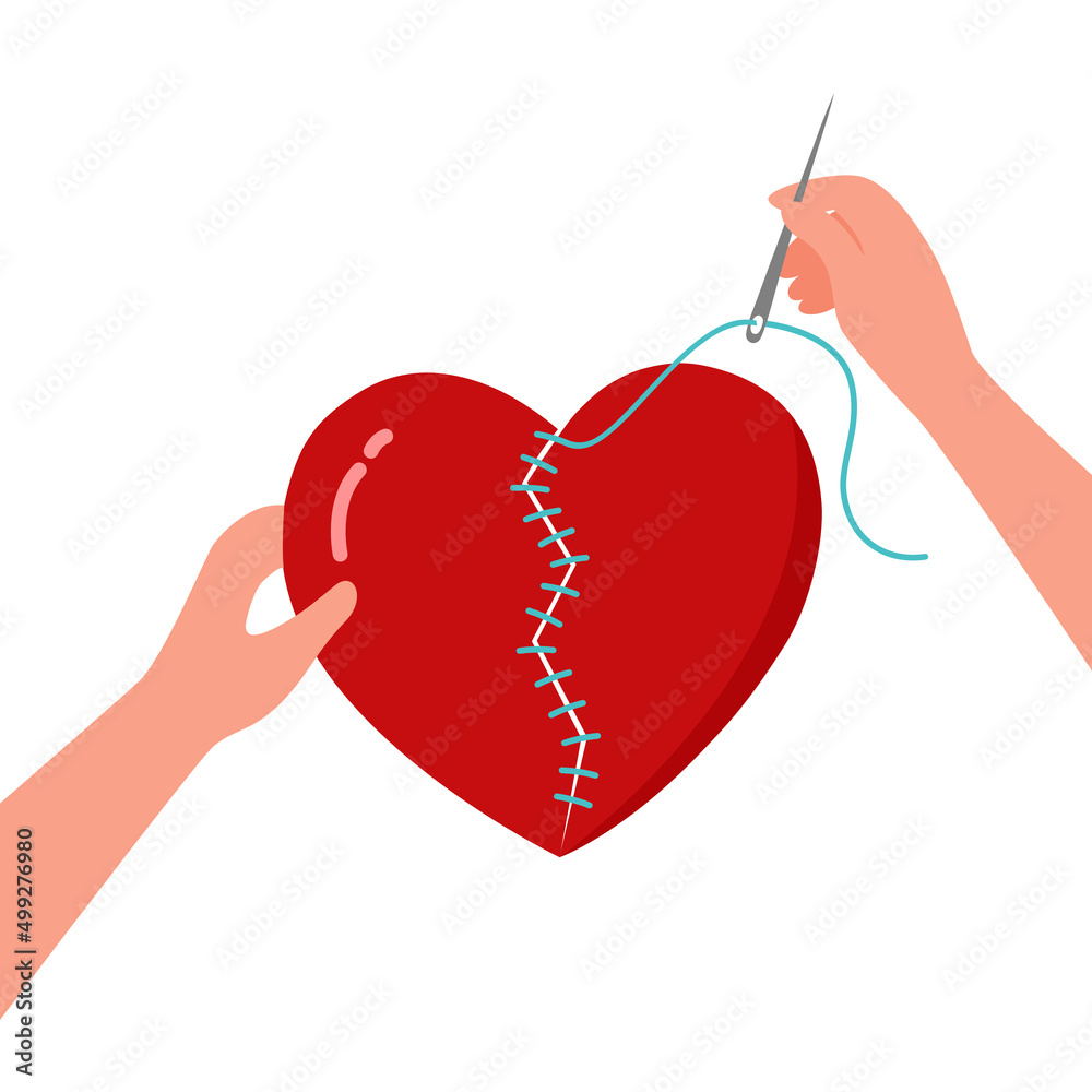 Red heart with sewing needle in flat design on white background. Hand ...