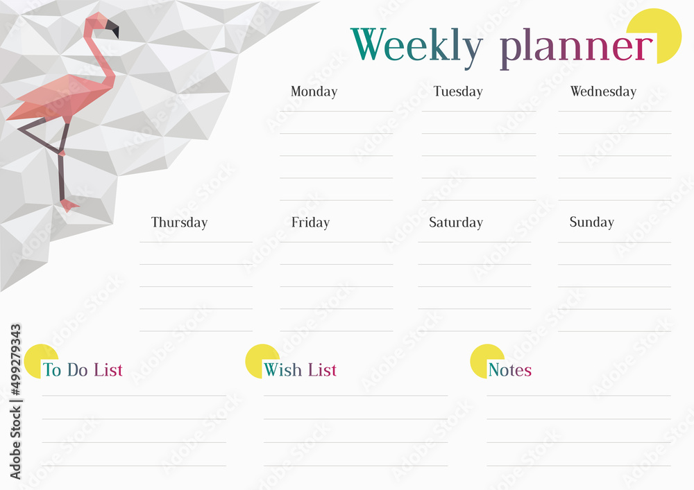 Weekly planner with white polygons and pink flamingo. Vector ...