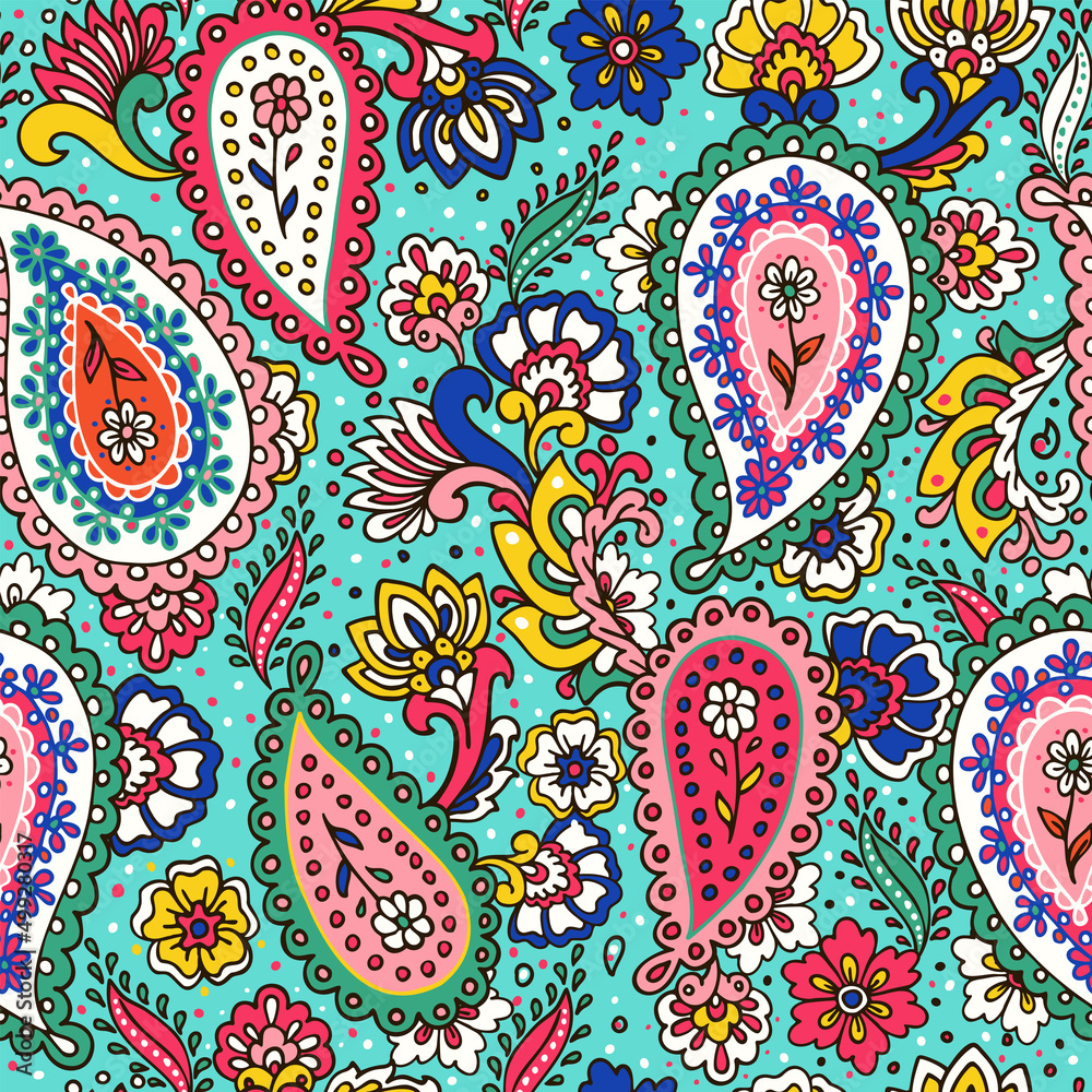 Colorful paisley print. Abstract psychedelic Buta seamless pattern ...
