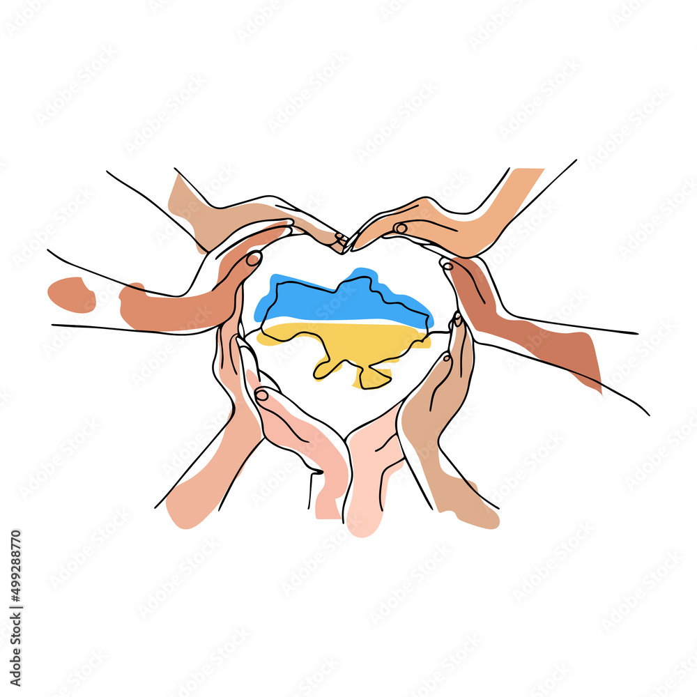 The concept of helping the whole world to Ukraine. Hands showing heart ...