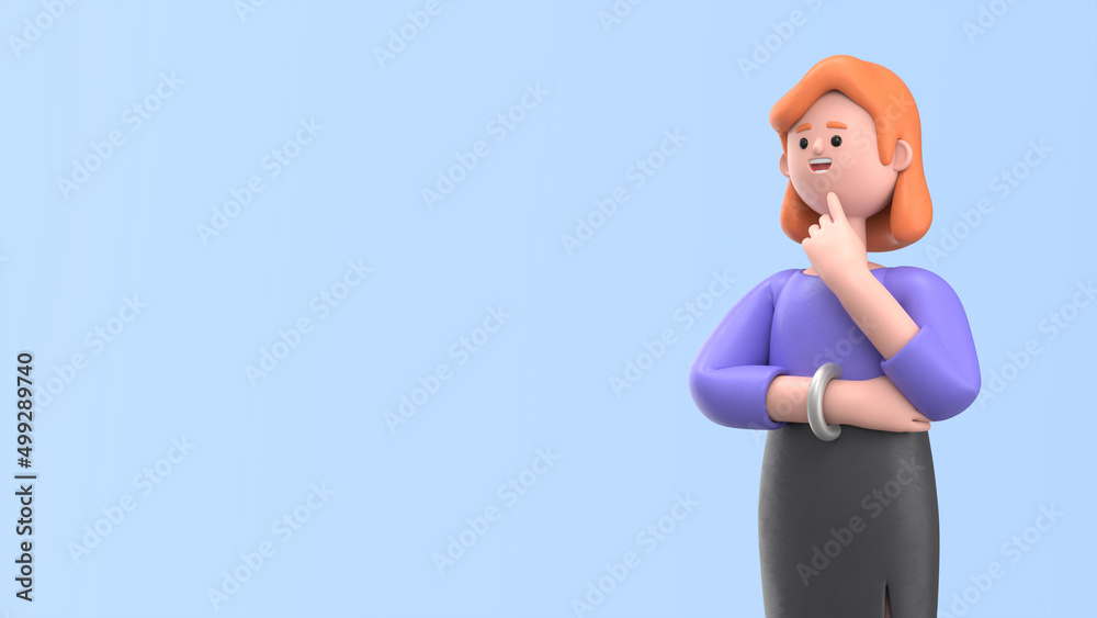 3D illustration of a thinking businesswoman Ellen pondering making ...