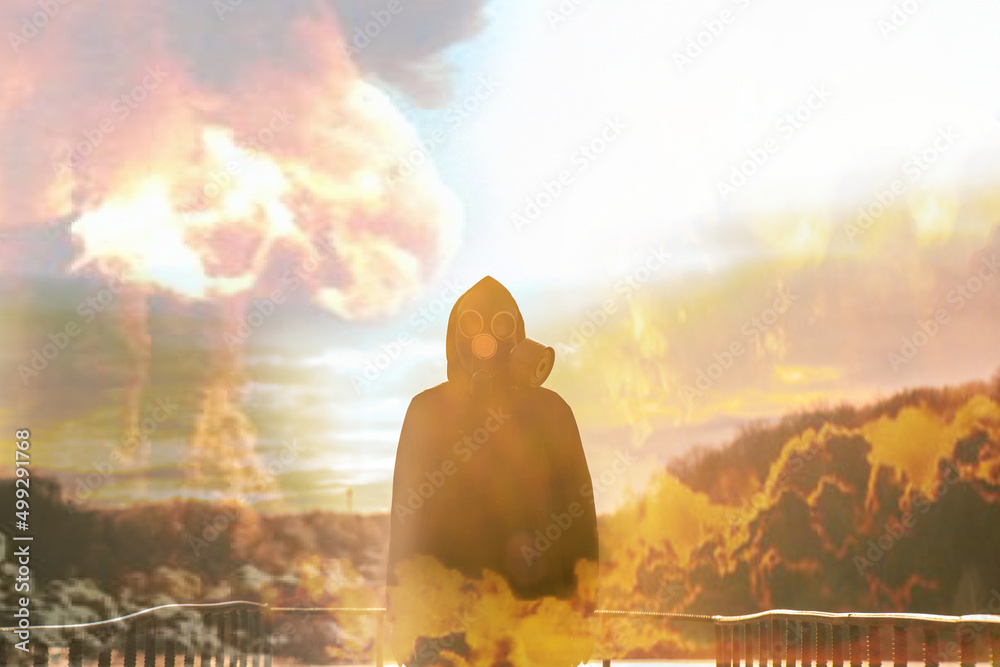 Nuclear war concept. Explosion of nuclear bomb. Silhouette of a person ...