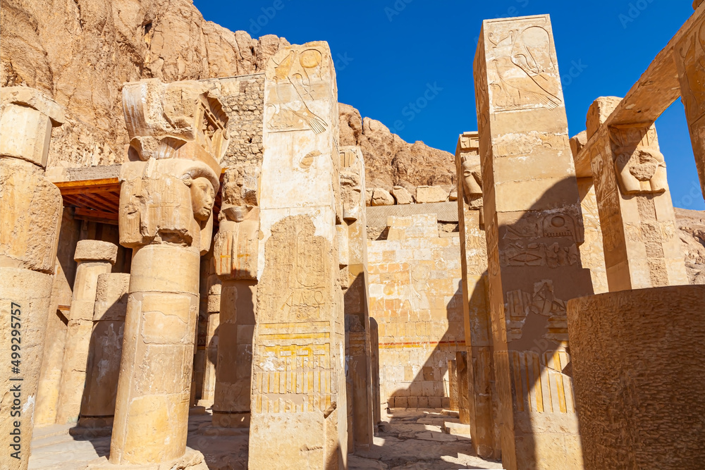 Hathor capital columns in Mortuary Temple of Hatshepsus at the cliffs ...