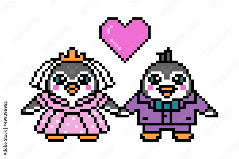 Penguin wedding, cute pixel art wildlife animal characters in love ...