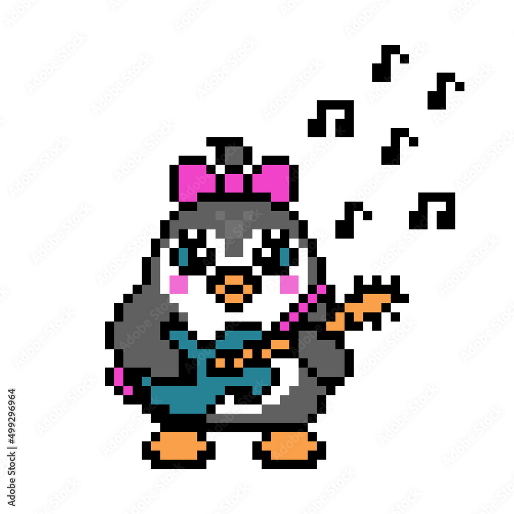 Girl penguin singing and playing acoustic guitar, cute pixel art animal ...