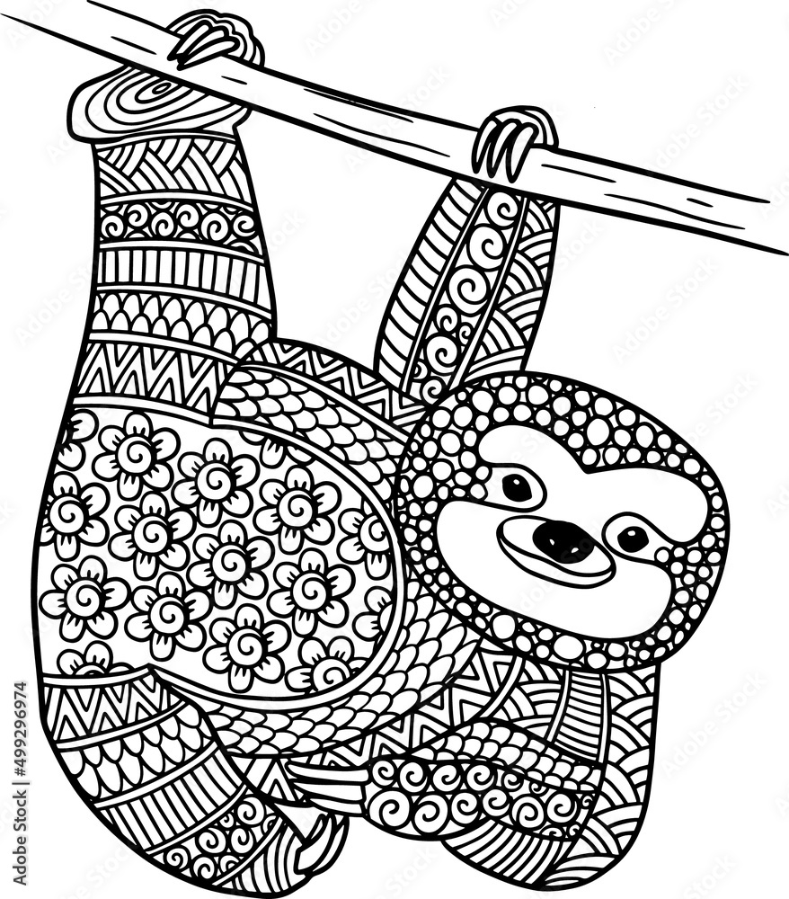 Hand drawn Coloring pages with sloth , illustration for adult anti ...