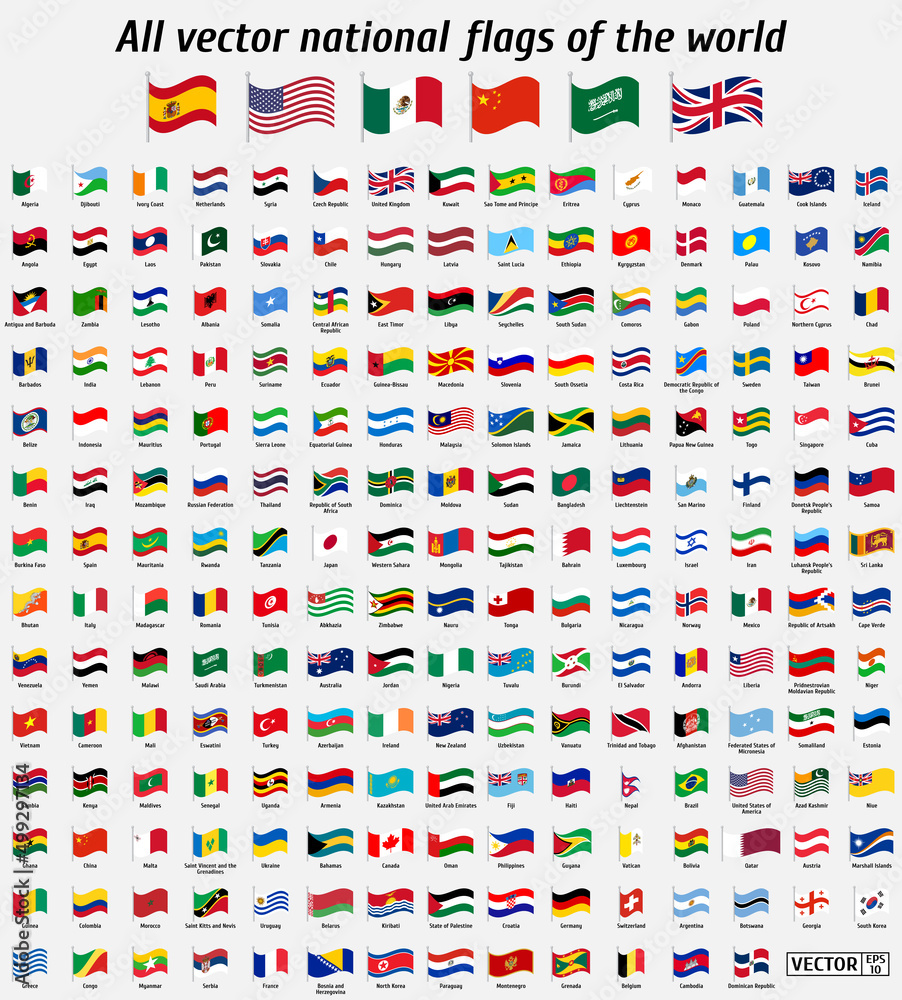 Vector collection of 208 national pole flags with detailed emblems of ...