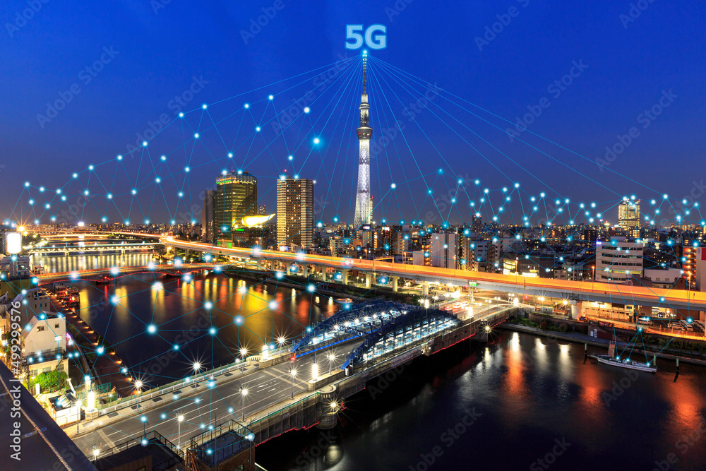 5G wireless and network and smart city concept. Urban city with things ...
