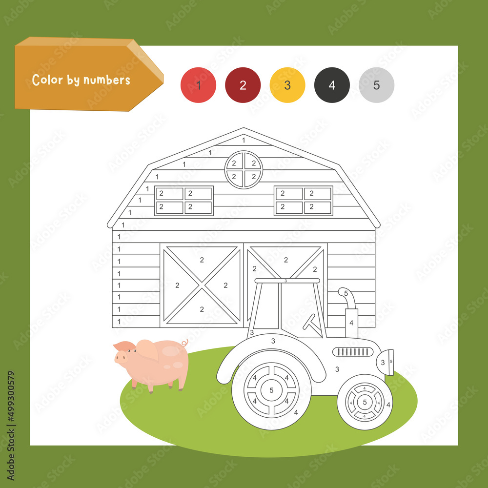 Farm activities for kids. Color by numbers – barn, tractor, pig. Logic ...