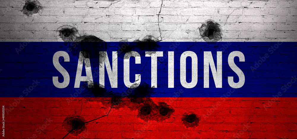 Sanctions text banner background. Bullets shots against Russian flag ...
