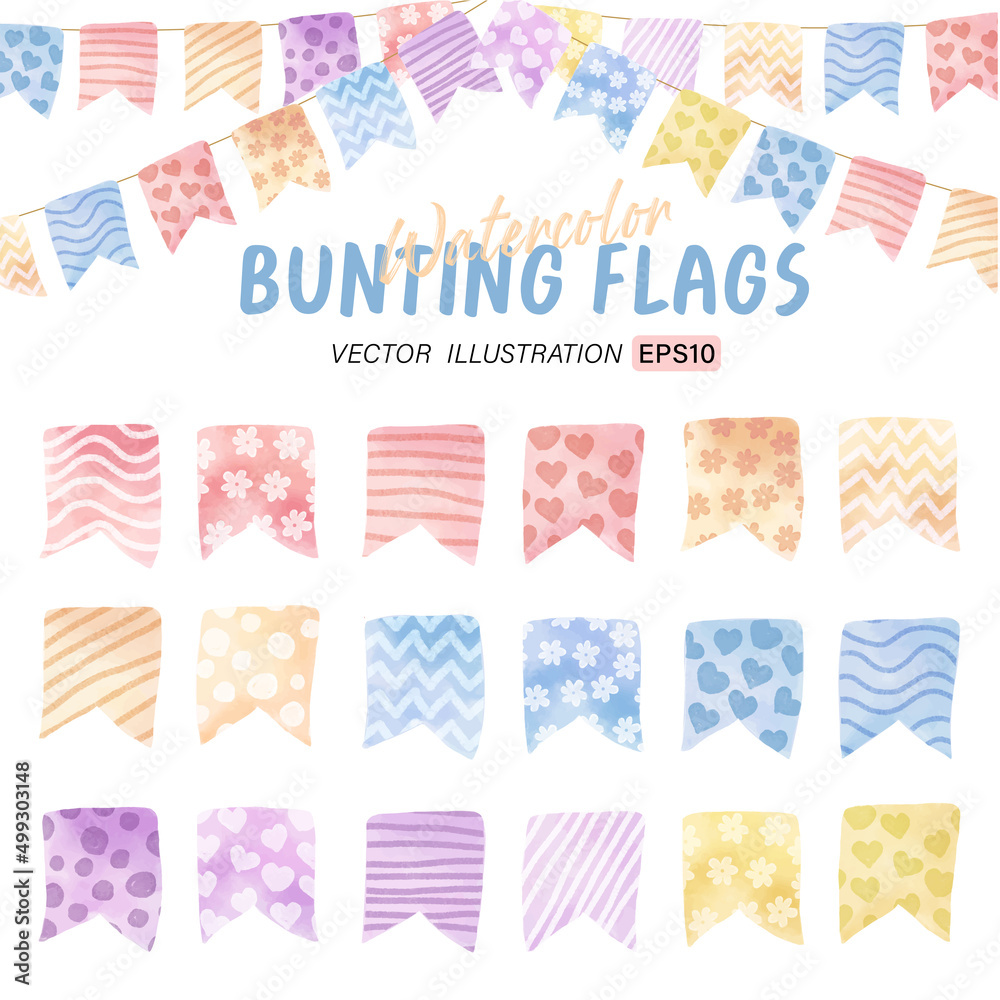 Watercolor colorful bunting flags clipart collection for decoration ...