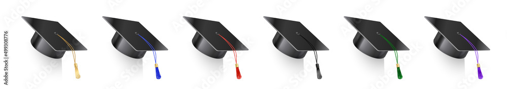 Set of vector realistic mortar hats. Graduation cap of a student with ...