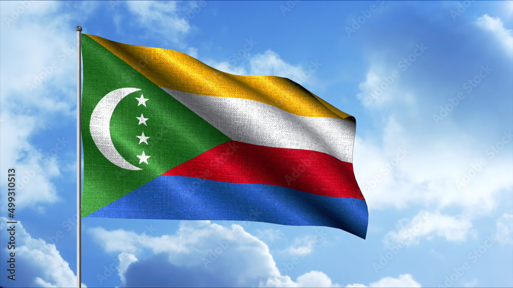 Comoros flag. Motion. A multi-colored flag with a green triangle on the ...