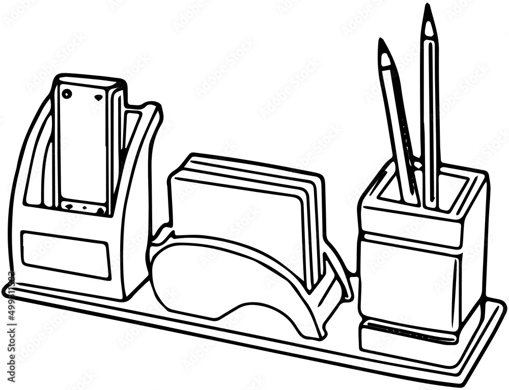 Line art illustration of pen diary and mobile stand, out line sketch ...