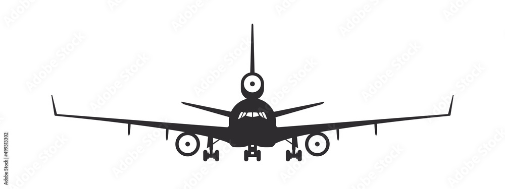 Airplane. Plane with three engines. Airplane silhouette front view ...