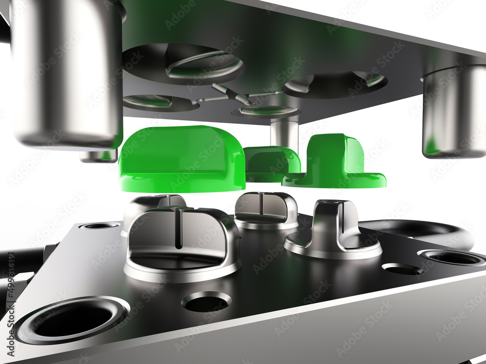 3D render of plastic moulding machine. Plastic injection moulding.Cups ...