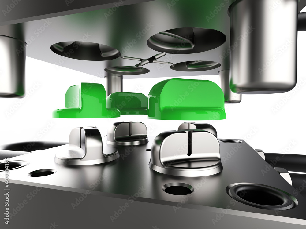 3D render of plastic moulding machine. Plastic injection moulding.Cups ...