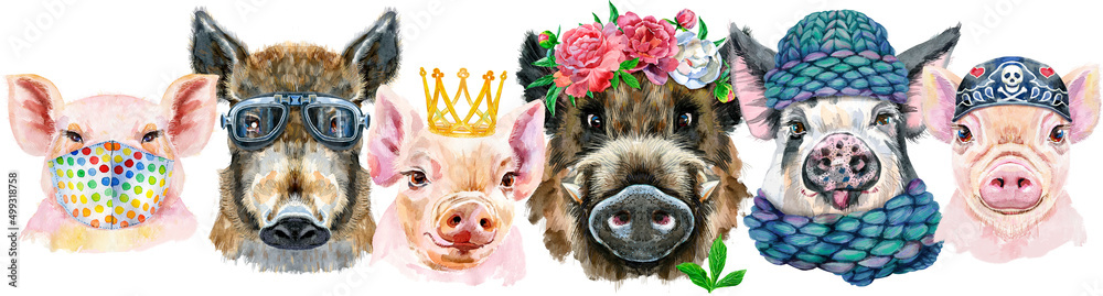 Border from pigs. Watercolor portraits of pigs and boars Stock ...