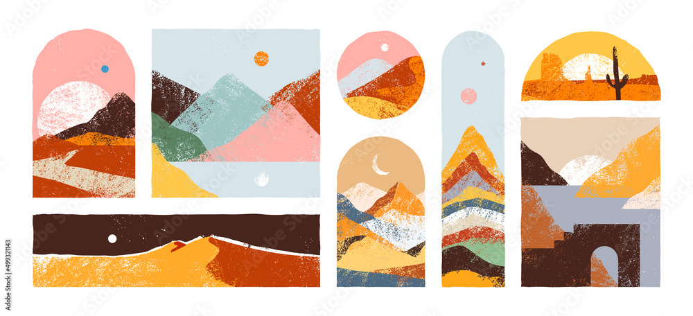 Big set of abstract mountain landscape collection. Trendy hand drawn ...