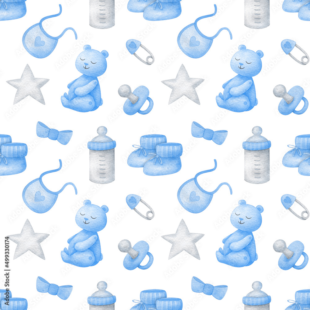 Seamless pattern for a newborn baby boy. A toy, a bottle, booties, a ...