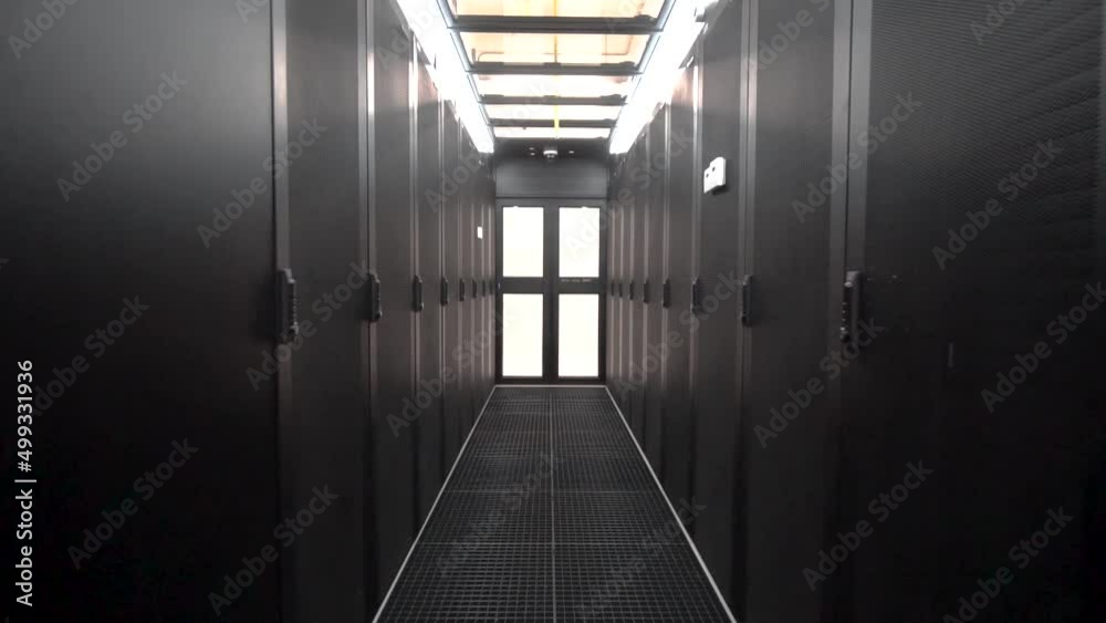 Cloud data server panels in a server room of a data center. Network and ...