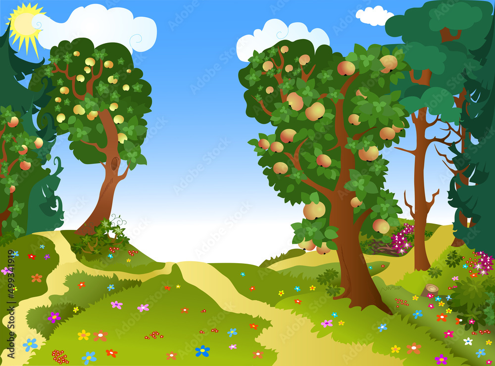 Vector cartoon game background of a summer forest landscape Stock ...