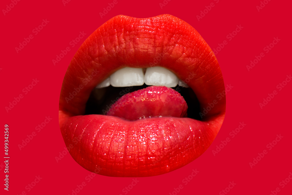 Female mouth isolated with red lipstick and tongue licking lips. Lick ...