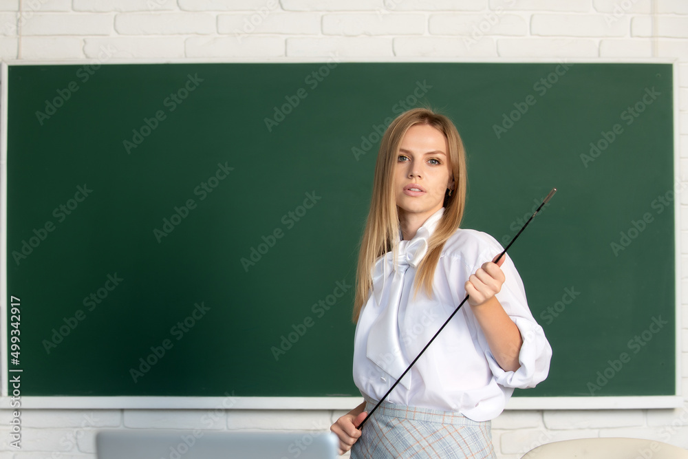 Young serious teacher pointing on lesson. Cute young woman with pointer ...