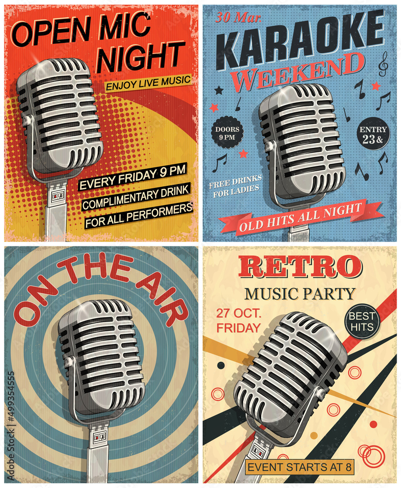 Set of vintage mic posters. Stock Vector | Adobe Stock
