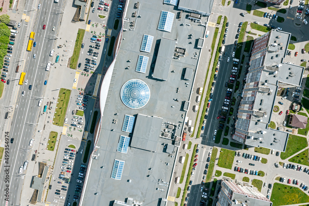 aerial view of supermarket roof with skylights and ventilation systems ...