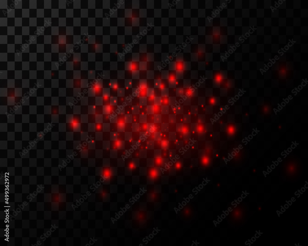 Set of red glowing light effects, glare and dust isolated on ...