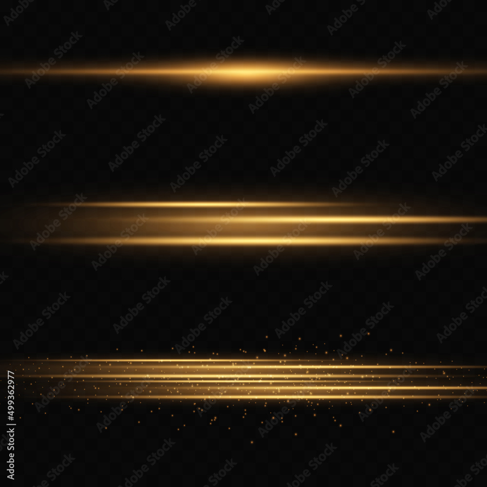 Set of golden vector rays, lines with bursts on a transparent ...