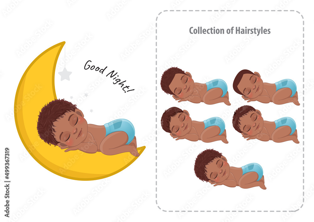 Black Baby Boy Sleeping Collection Cartoon Character Vector Stock ...