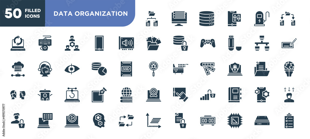 set of 50 filled data organization icons. editable glyph icons collection such as folder network ...