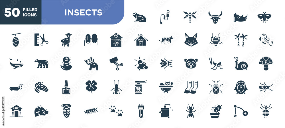 set of 50 filled insects icons. editable glyph icons collection such as ...