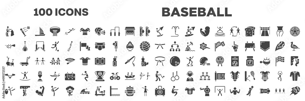set of 100 filled baseball icons. editable glyph icons collection such ...