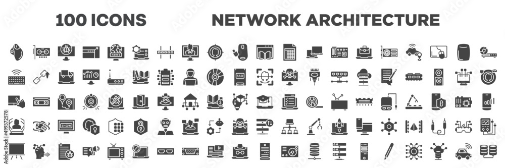 set of 100 filled network architecture icons. editable glyph icons ...
