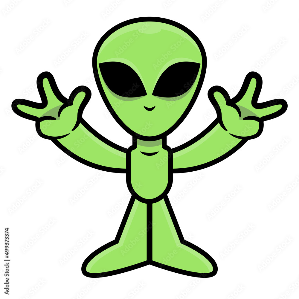 Cartoon illustration of Cute Green Alien raise up hands and greeting ...