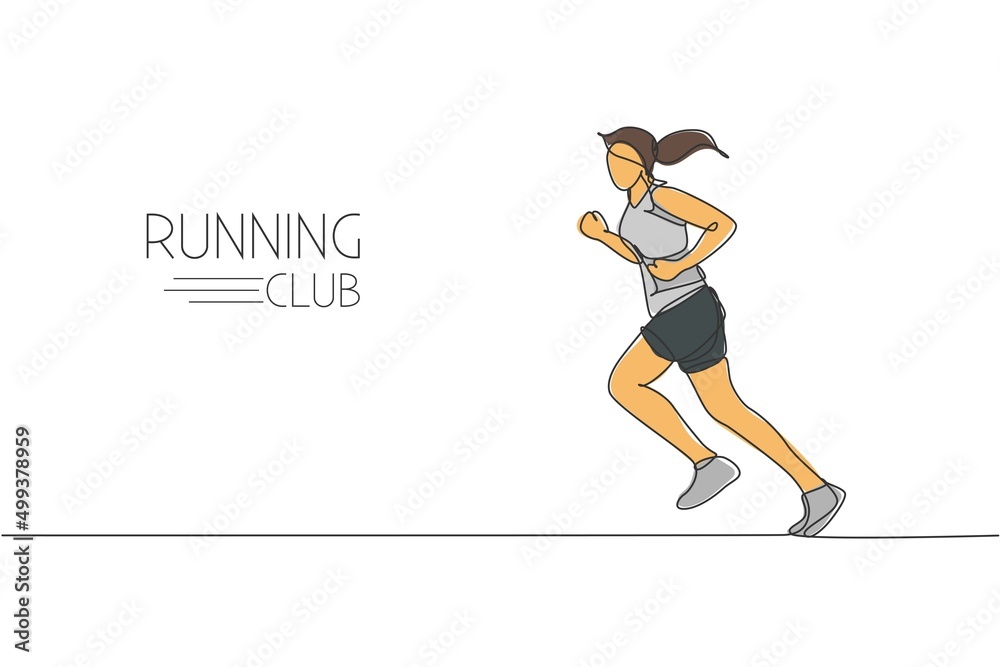 One continuous line drawing of young woman athlete runner run from side ...