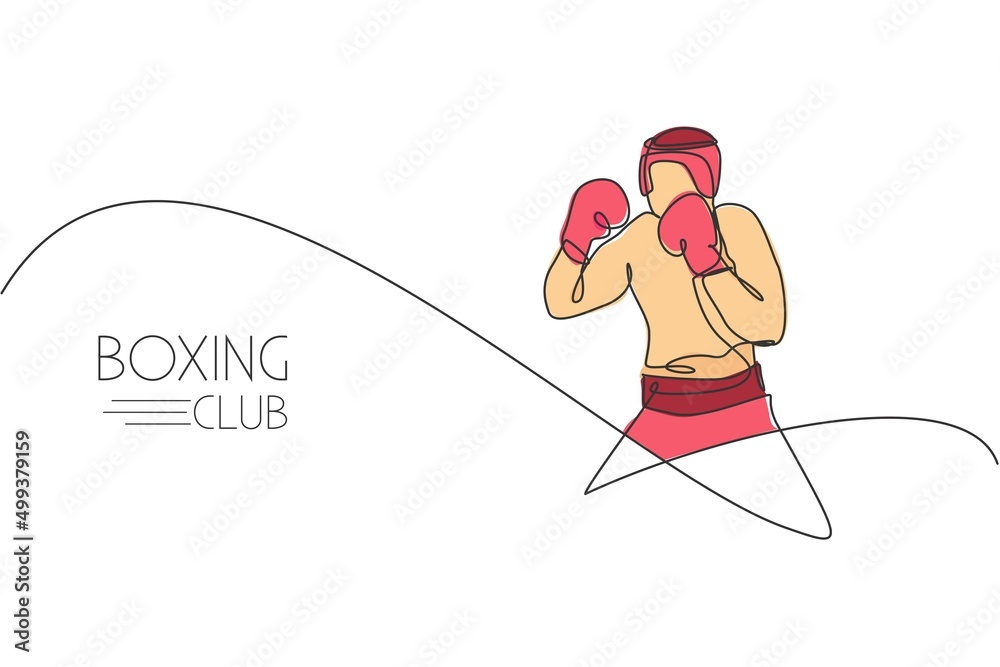 One continuous line drawing of young sporty man boxer practice his ...