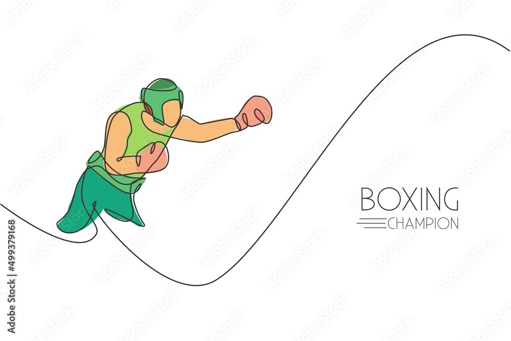 One single line drawing of young energetic man boxer practice his hook ...