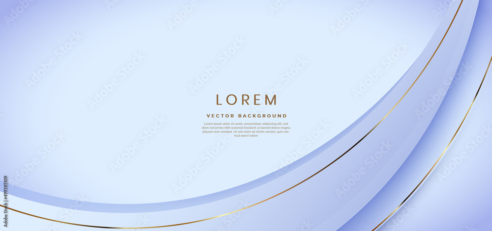 Abstract 3d light blue background with gold lines curved wavy sparkle ...