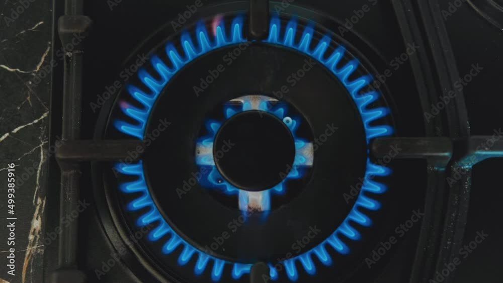 Kitchen burner is ignited in a bright blue flame, fire for cooking ...