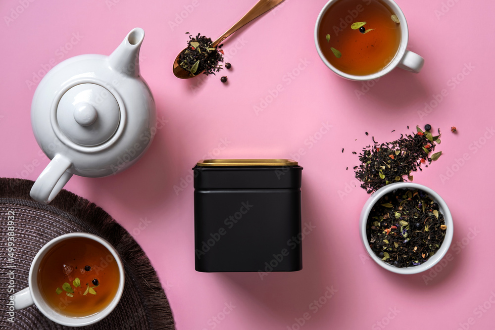 Black metal packaging for tea. Tea branding and packaging mockup. Blank ...
