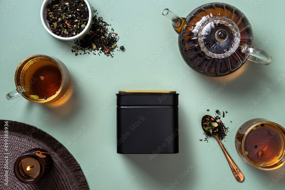 Black metal packaging for tea. Tea branding and packaging mockup. Blank ...