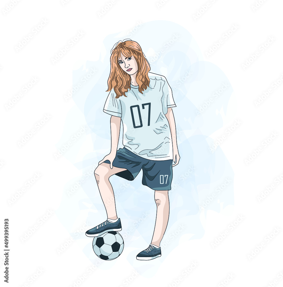 Red girl wearing t-shirt number seven with a football. Soccer player in ...