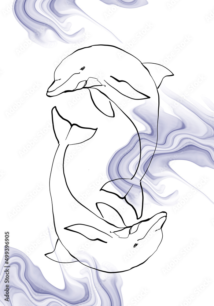 Line art dolphins, sea animals on a Light blue alcohol ink abstract ...