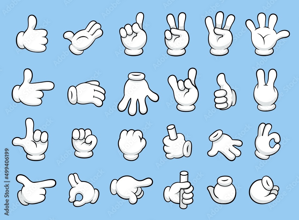 Retro Cartoon Gloved Hands Gestures Thumb Up Finger Count Forefinger